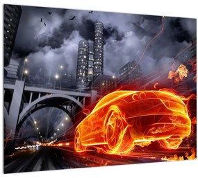 Skleněný obraz plamenného auta (70x50 cm)