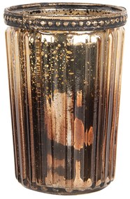 Hnědý skleněný svícen na čajovou svíčku s kovovým zdobením  - Ø  7*10 cm