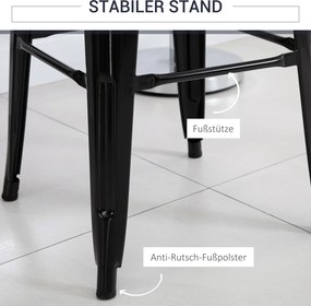 HOMCOM Set 4 stohovatelných barových židlí s opěrkou nohou, výška sedáku 76 cm, černý kov