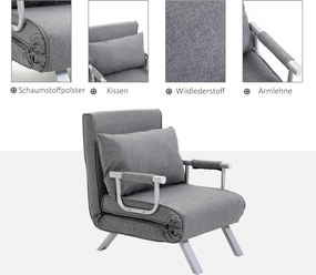 HOMCOM Rozkládací pohovka s područkou 65x69x80cm Rozkládací pohovka 3 v 1, lůžko pro hosty, lehátko, polyester podobný lnu, šedá| Aosom