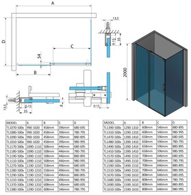 Sapho, THRON LINE SQUARE obdélníkový sprchový kout 1300x700mm, hranaté pojezdy