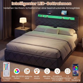 Costway Čalouněná postel s LED osvětlením Nabíjecí stanice (2 USB porty) Rám