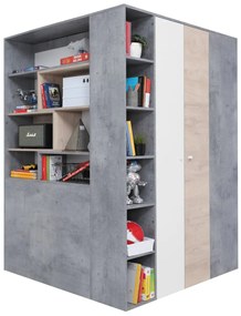 Rohová šatní skříň SIGMA SI1 Beton + bílá lux + dub