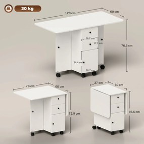 Skládací jídelní stůl HOMCOM s kolečky, skládacími křídlovými deskami, šuplíky a skříňkou pro 4-6 osob 120x60x76,5 cm Bílý
