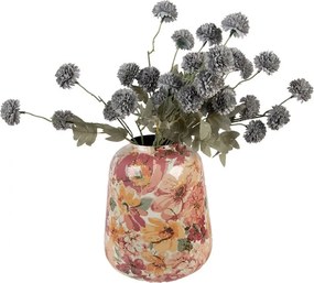 Růžová kovová dekorační váza s květy Margo - Ø 21*25 cm