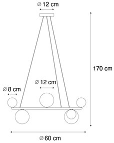 Černé závěsné svítidlo s kouřovým sklem kulaté 8-světlo - Monaco