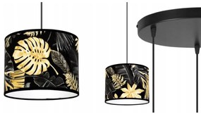 Závěsné svítidlo Gold Flowers, 3x černé textilní stínítko s květinovým vzorem,