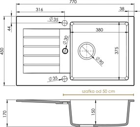 Sink Quality Natalie, kuchyňský granitový dřez 770x450x170 mm + černý sifon, černá, SKQ-NAT.C.1KDO.XB