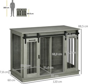 PawHut Psí Obojek s Možností Dvou Místností, Moderní Kovový Box pro Psy s 2 Dveřmi, Psí Dům pro Velké Psy do 30 kg, Psí Dům 120 x 60 x 88,5 cm Šedý
