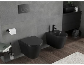 Mexen Rico, závěsná WC mísa 490x360x370 mm, Rimless Tornádo + WC sedátko z duroplastu, černá matná, 30721085T