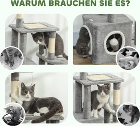 Škrabadlo 107 cm věž pro kočky s jeskyní, 2 plyšové podložky, sisalové sloupky, velká plošina, 55x40x107 cm, šedá barva