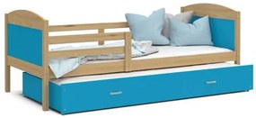 Dětská postel MATYAS P2 90x200 cm s borovicovou konstrukcí v modré barvě s přistýlkou