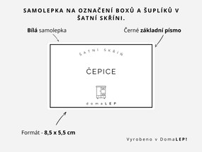 ČEPICE - Samolepka na šuplíky a boxy do šatní skříně, 8,5 x 5,5 cm -| DomaLEP varianta: SAMOLEPKA, barva: BÍLÁ - ČERNÉ písmo, velikost: š. 8,5 cm x v. 5,5 cm - základní písmo