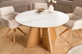 Kulatý keramický jídelní stůl Yenibeth 120 cm bílý mramor / dub