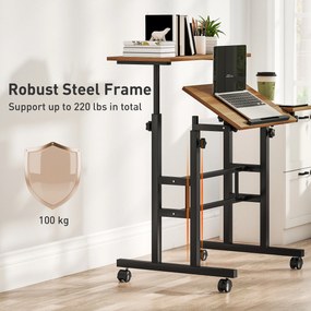 HOMCOM sedací‑stojací stůl 70 x 60 cm – výškově nastavitelný, s kolečky a naklápěcí deskou stolu, hnědý