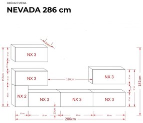 Ral Obývací stěna NEVADA 1, 286 cm - Bílo/černý lesk
