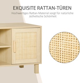HOMCOM TV Stánek s Věšákem - 2 Přihrádky, 2 Skříně s Ratanovými Dveřmi, 115 x 40 x 48 cm, MDF s Povrchovou Úpravou Světle Dřevo