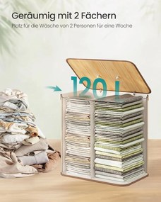 Prádelní koš s víkem, 2 přihrádky, 120 litrů, bambusový prádelní koš, přírodní