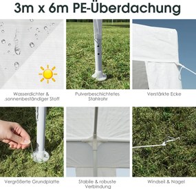 Costway Párty stan 3 m x 6 m Vodotěsný s provazy v bílé barvě, bílý