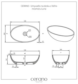 CERANO - Umyvadlo na desku z litého mramoru Luna - bílá matná - 52,8x30,9 cm