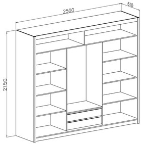 Šatní skříň SANDINO 250 cm, dub sonoma a zrcadlo