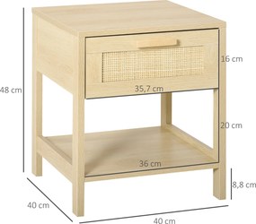 HOMCOM Noční stolek s ratanovou zásuvkou a dolní policí, nosnost 40 kg, pro ložnici a obývací pokoj, 40x40x48 cm, přírodní dřevo