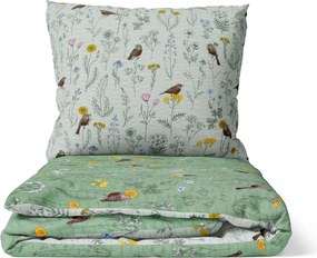 Krepové prodloužené povlečení Ptáčci v kvítí - zelené - duo Velikost: 140 x 220 + 70 x 90