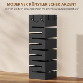 HOMCOM kovový stojan na deštníky, čtvercový držák s odnímatelnou miskou a 4 háčky, do předsíně, 15,5 x 15,5 x 49 cm, černý