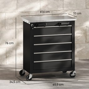 Skříňka na nářadí s 5 zásuvkami, skříňka na nářadí na kolečkách, ocelový vozík na nářadí, stříbrná + černá barva