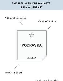 PODRAVKA – průhledná samolepka na dózu, tučné písmo, 5 x 5 cm | DomaLEP