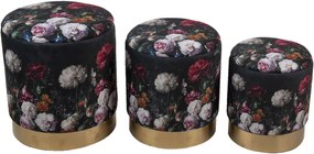 Černé sametové podnožky s motivem barevných květin Flowers - Ø 40*45 / Ø 35*40 / Ø 30*35 cm