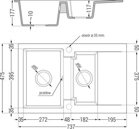 Mexen Gaspar, granitový dřez 737x475x177 mm, 1,5-komorový, černá s černým sifonem, 6507731505-77-B