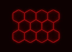 Kompletní Led hexagonové svítidlo červené, rozměr 11 elementů 336 x 238 cm