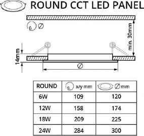 T-LED Černý vestavný LED panel kulatý 174mm 12W 24V CCT 102209