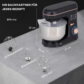 HOMCOM Stolní mixér, kuchyňský robot, šlehač, 6 stupňů, nerezová mísa 5,5 l, černý