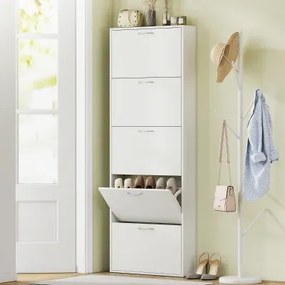 HOMCOM skříňka na boty pro 15 párů, úzká moderní skříňka na boty s 5 klapkami, 65x17x180,5 cm, bílá