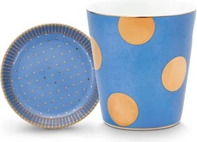 Pip Studio Dot Delight Light Blue-Gold hrnek bez ucha s odkládacím táckem 290ml, modro-zlatý (hrnek bez ucha z tenkostěnného porcelánu)