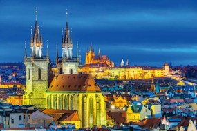DIMEX | Samolepicí vliesová fototapeta na zeď Praha, noční pohled MA-5-1002 | 375 x 250 cm | modrá, žlutá, hnědá
