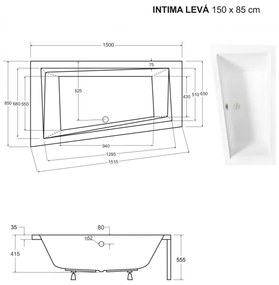 BESCO Asymetrická vana INTIMA Nožičky k vaně - Bez nožiček, Rozměr vany - 150 × 85 cm, Způsob provedení - Levé VANINTI15L