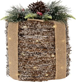Vánoční zasněžený proutěný dárek s LED osvětlením M - Ø 20*25 cm / 3*AA