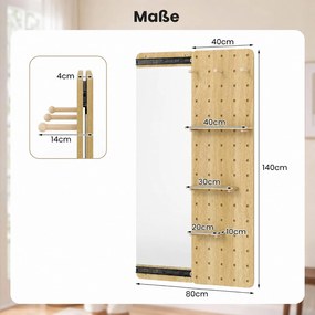 Costway Nástěnné zrcadlo 140 cm s děrovaným panelem a policemi