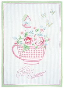 GREEN GATE Bavlněná utěrka Alma Summer White, růžová barva, zelená barva, textil