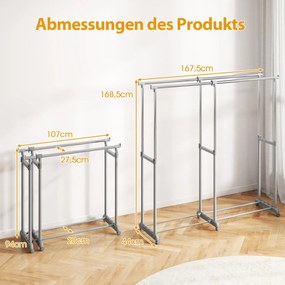 Costway Dvojitý věšák na oblečení Heavy Duty kovový věšák na kabáty s výsuvnou