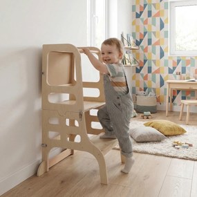 Montessori učící věž 3v1 s tabulí, přírodní, MAGAN