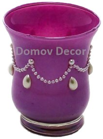 Skleněný  svícen na čajovou svíci v barvě Lila s dekorem bílých perliček