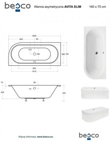 BESCO Asymetrická vana AVITA SLIM Nožičky k vaně - S nožičkami, Rozměr vany - 160 × 75 cm, Způsob provedení - Pravé - VANAVIT160SLIMP+OLVPINOZ