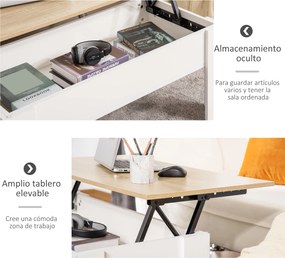 HomCom Zvedací Konferenční Stolek s Skrytým Úložným Prostorem 100x50x45-58.5 cm Bílý a Přírodní