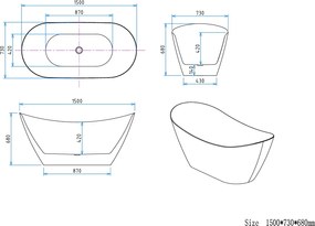 Erga Lina, volně stojící vana 150x73 cm + odtoková zátka, bílá lesklá, ERG-LINA-150073-WH-WH