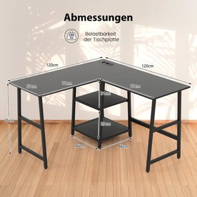 Costway Desk Rohový stůl ve tvaru L se zásuvkami a USB porty – 120 × 120 × 75 cm