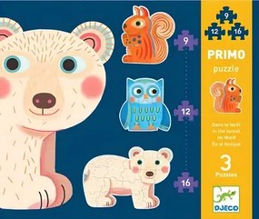 DJECO Puzzle V lese 3v1 / 9, 12, 16 dílků / od 2 let